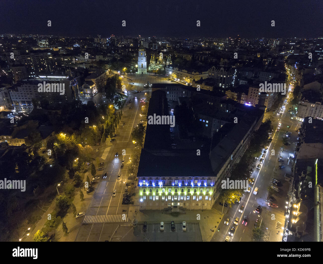 Kiev city center aerial sightseeing. Central part of the Ukrainian ...