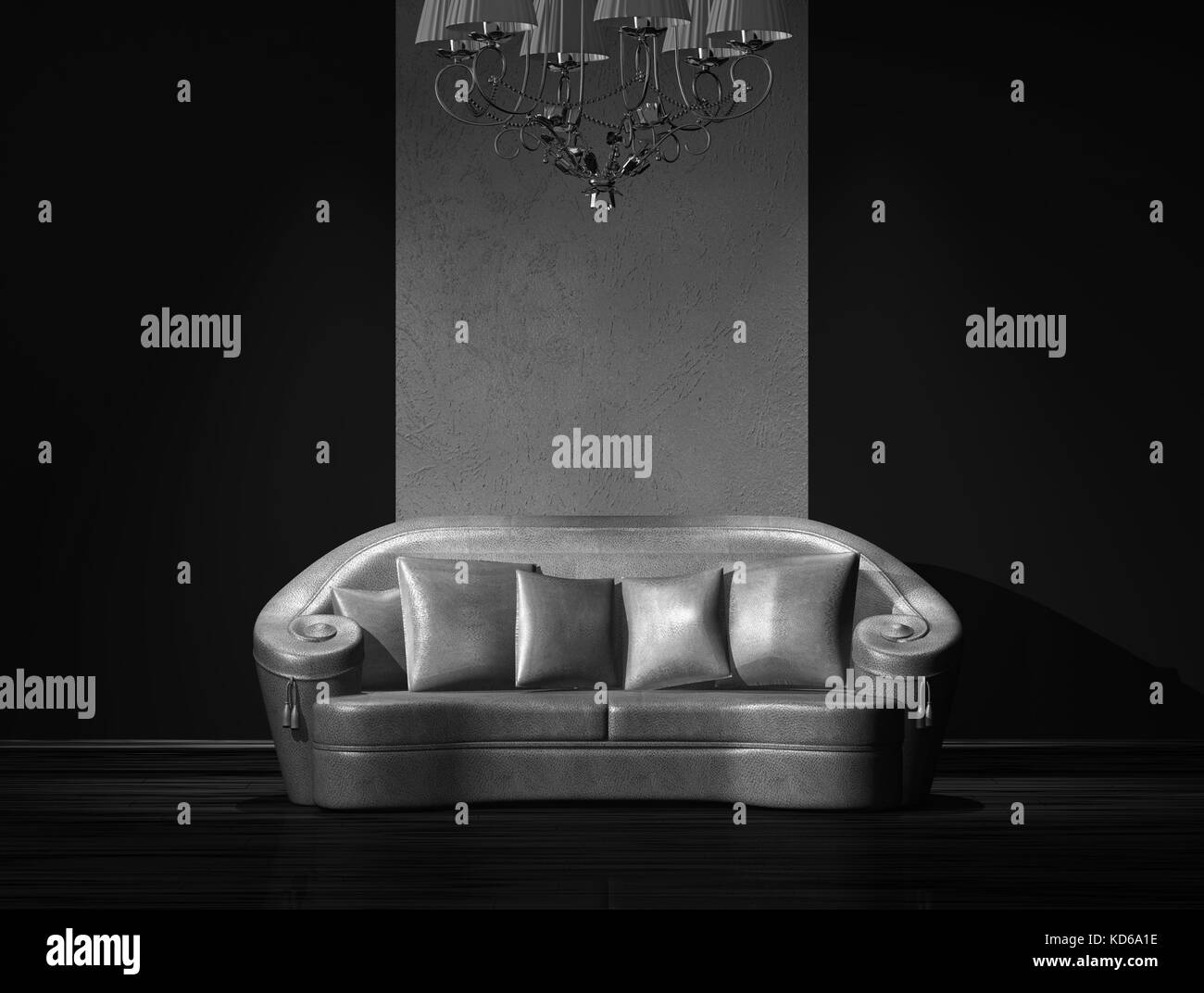 Leather divan with luxury chandelier in living room Stock Photo - Alamy