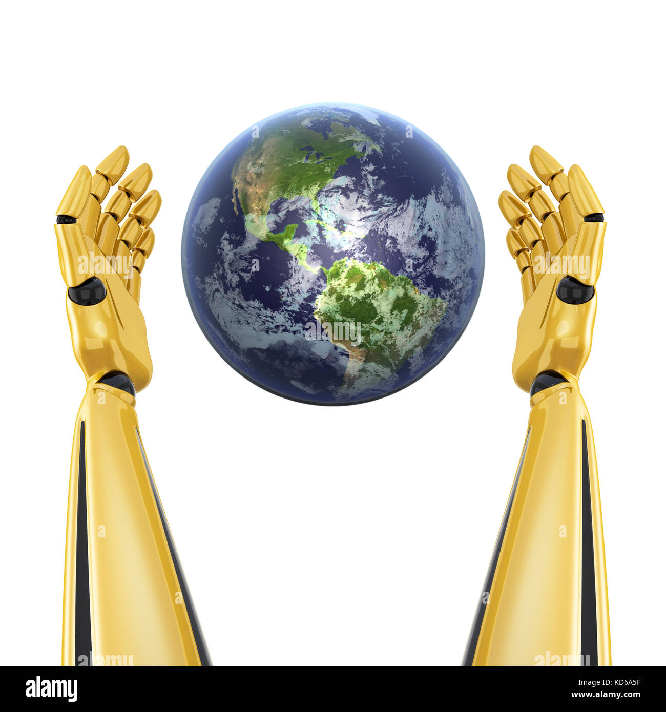 Robot hands around planet earth isolated on white background Stock ...