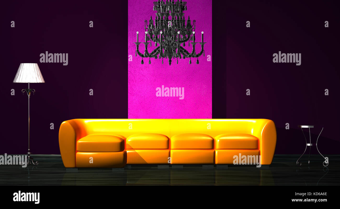 Orange sofa with table, luxury chandelier and stand lamp in minimalist ...