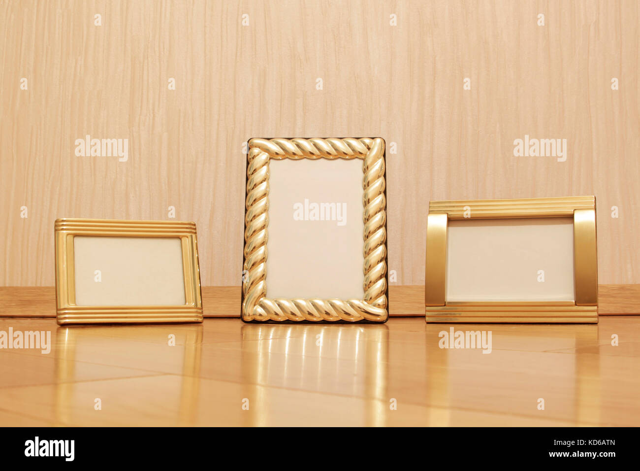 photo frames on wooden floor Stock Photo - Alamy