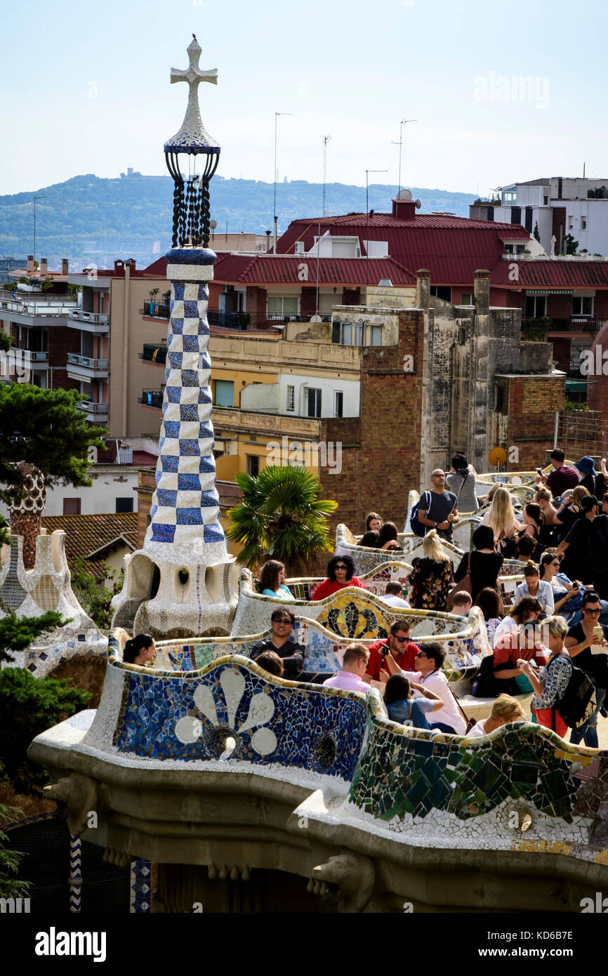 Stock Photo - Park Güell, Barcelona, Spain. Mosaic-covered buildings ...