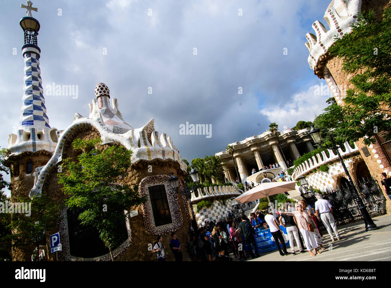Stock Photo - Park Güell, Barcelona, Spain. Mosaic-covered buildings ...