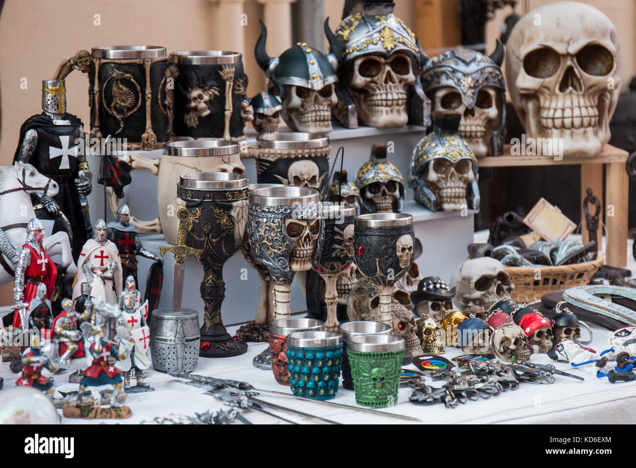 Close up view of Medieval shop objects Stock Photo - Alamy