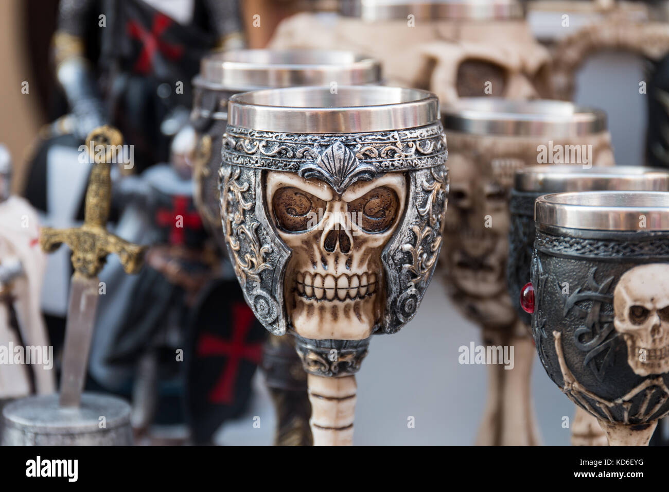 Close up view of Medieval shop objects Stock Photo - Alamy
