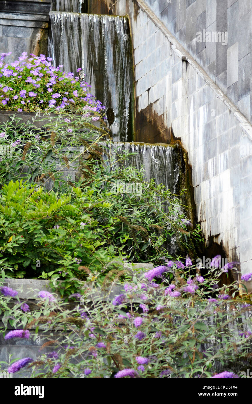 Landscape with a cascade, a wall, flowers and plants Stock Photo - Alamy