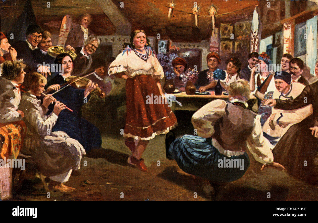 Cossack dancers at an evening party. Russian dance. Illustration by M.E ...