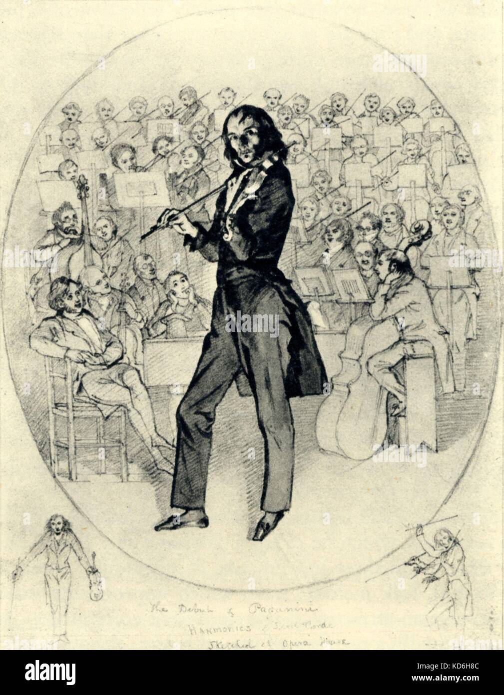 Niccolo Paganini playing the violin in front of an orchestra. Drawing ...