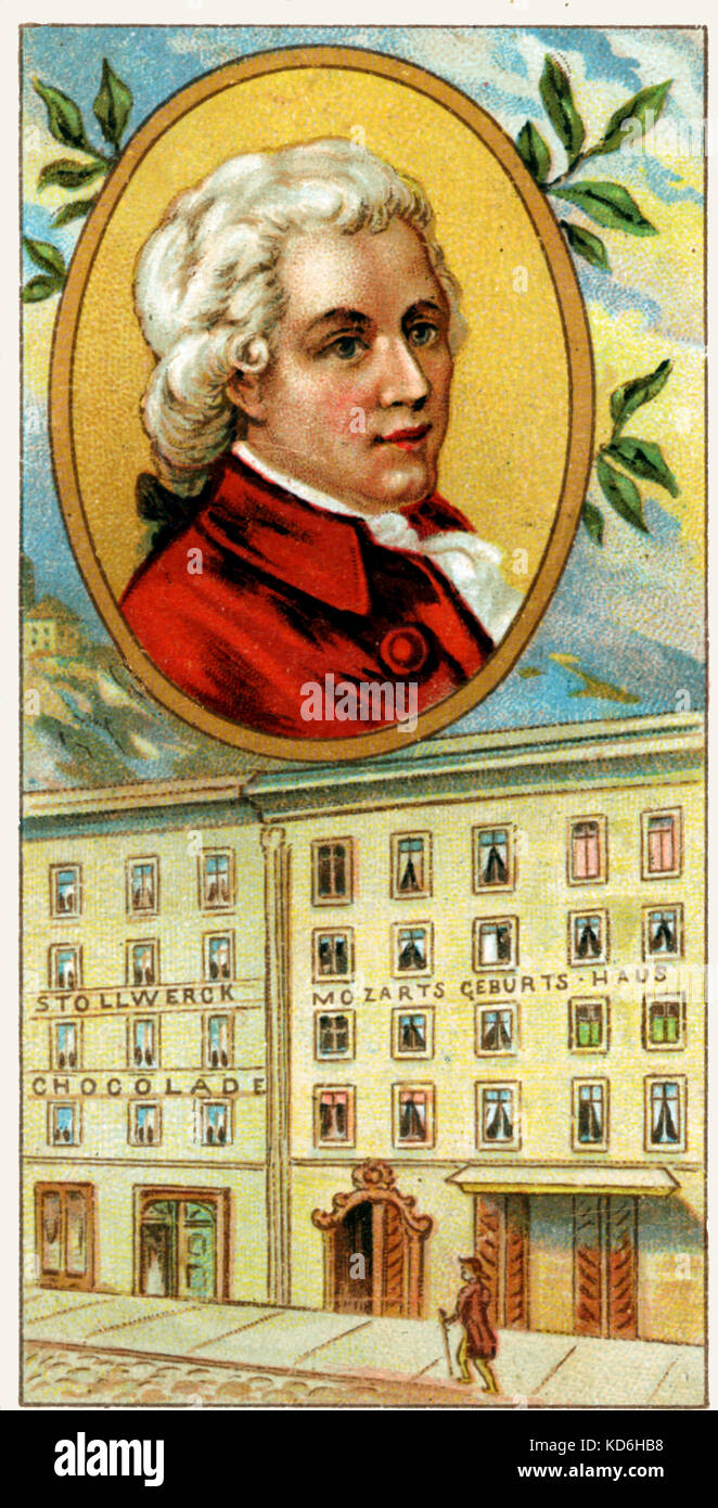 Wolfgang Amadeus Mozart and his birthhouse in Salzburg. Austrian ...