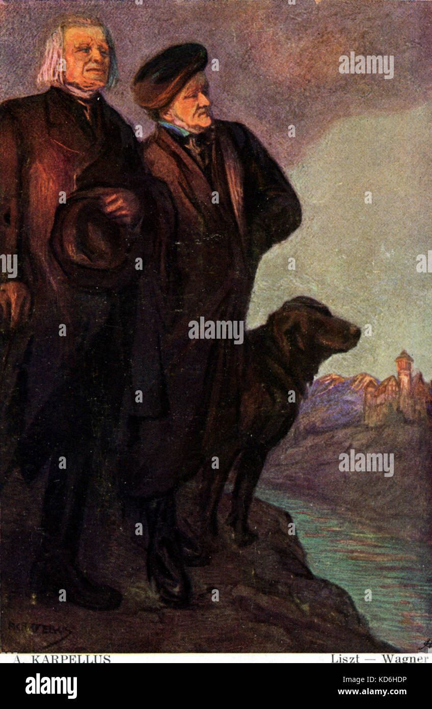 Liszt and Wagner, walking by a river. Pictured with a dog, mountains ...