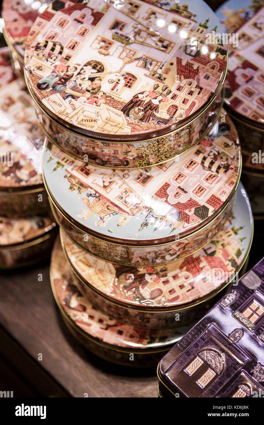 Lviv, UKRAINE, March 07, 2017: boxes with Lviv chocolate Stock Photo ...