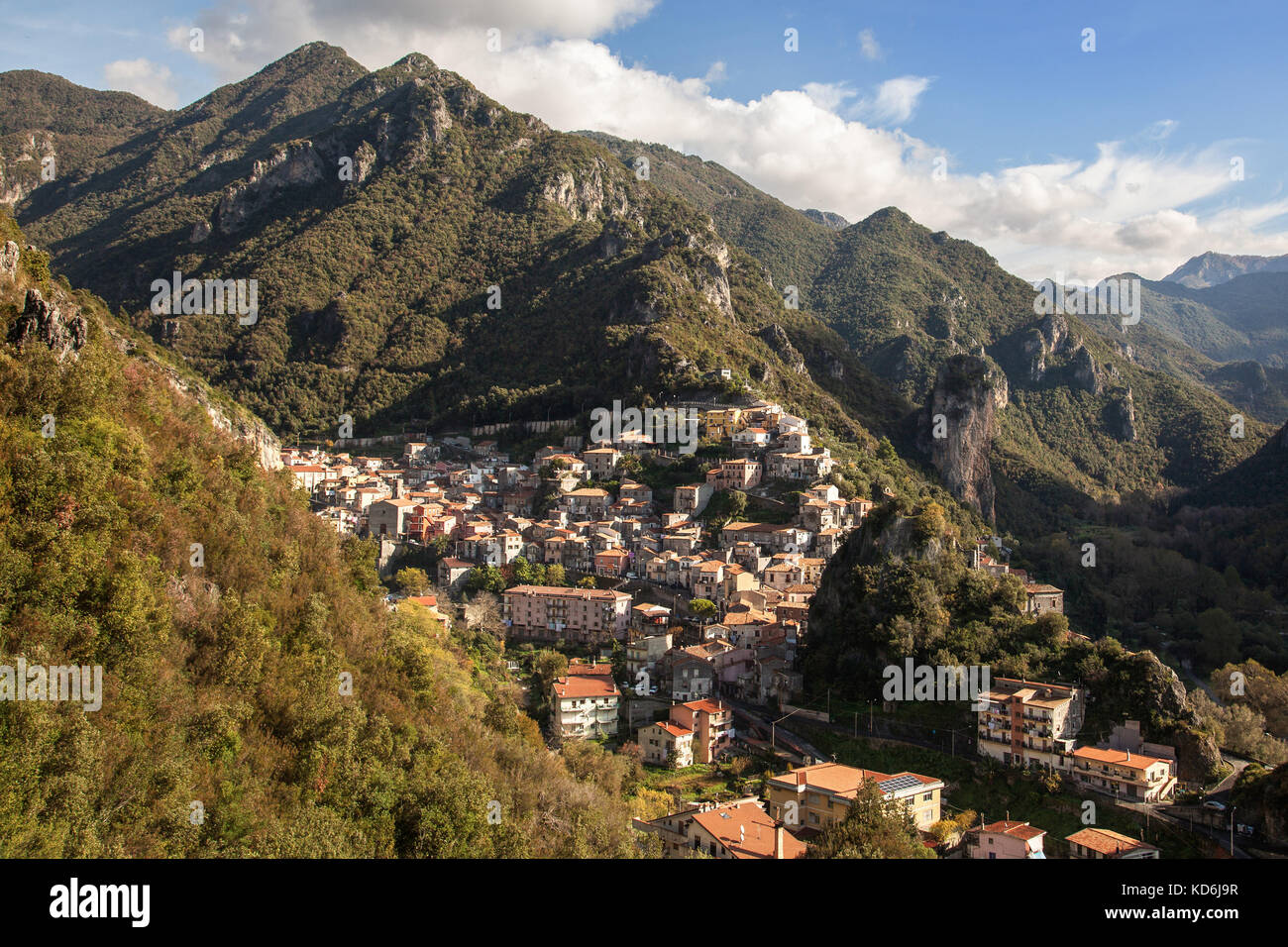 A panorama of view of Orsomarso, a small town in the province of ...