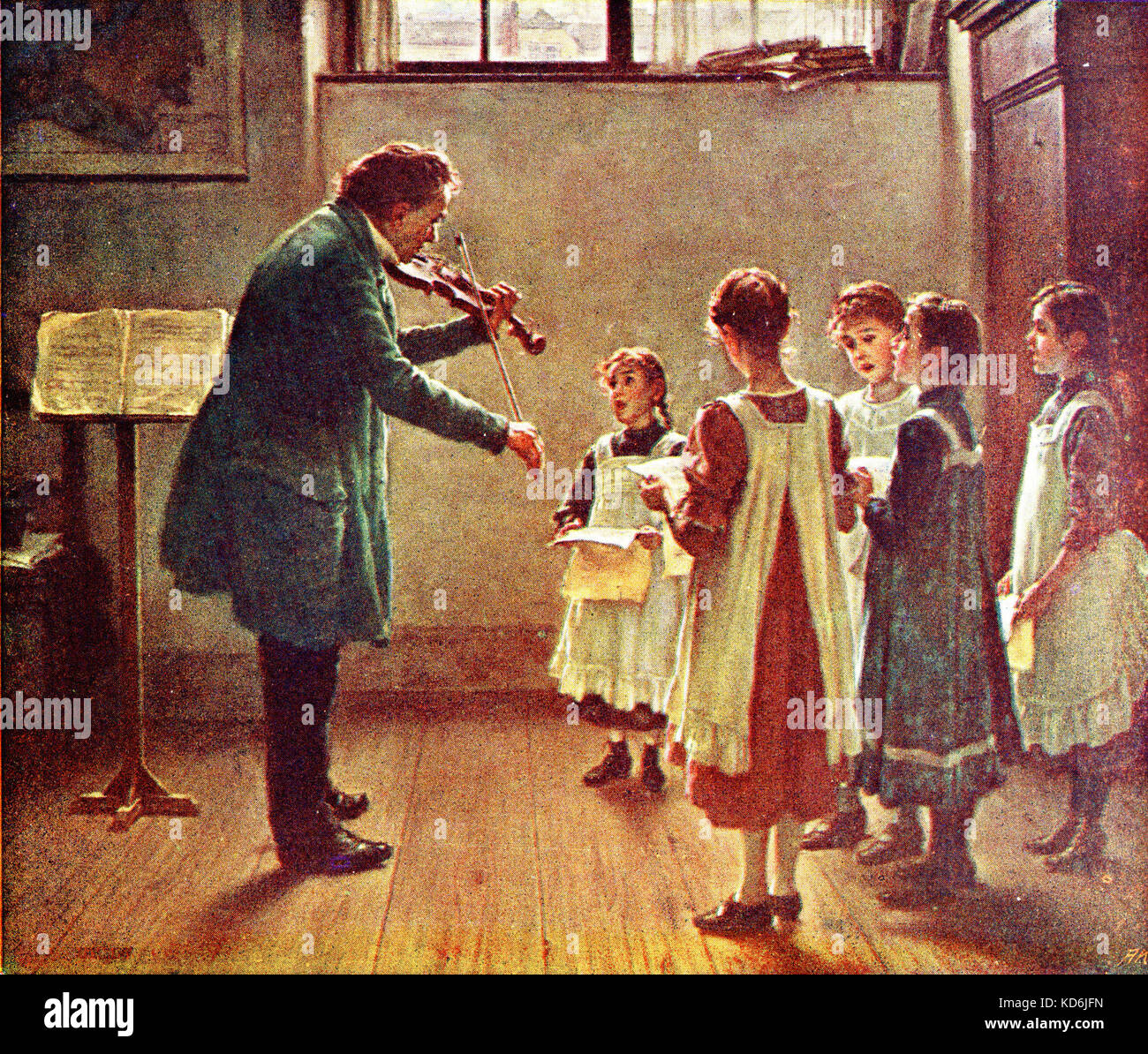Girls having singing lessons with teacher playing violin, 19th century ...