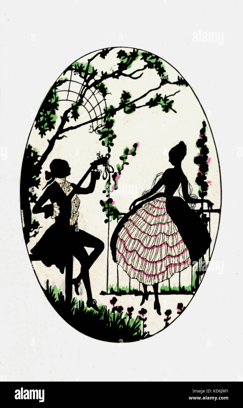 Silhouette of man playing lute instrument to female Stock Photo - Alamy