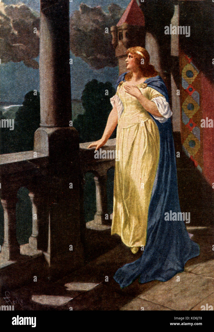 Wagner's opera 'Lohengrin'. Elsa sings alone from her balcony, painting ...