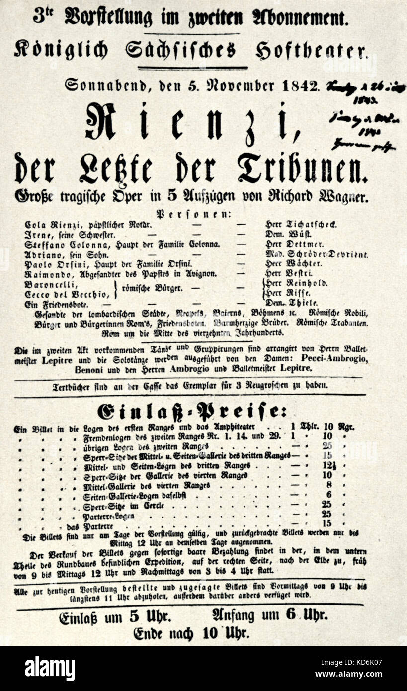 Poster for the premiere of Wagner's opera 'Rienzi' Dresden, Hofoper ...