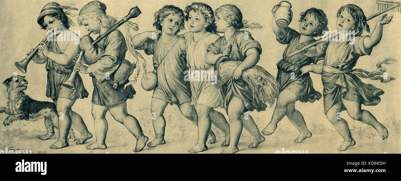 Children in classical rural setting, one of them playing shawm, another ...