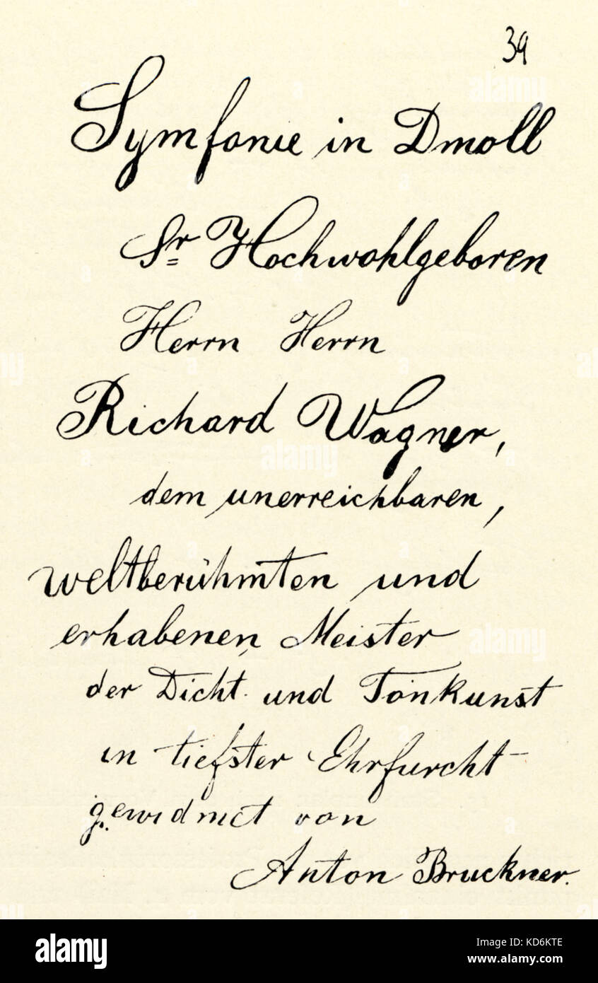 Anton Bruckner dedication note to Richard Wagner for Symphony in D ...