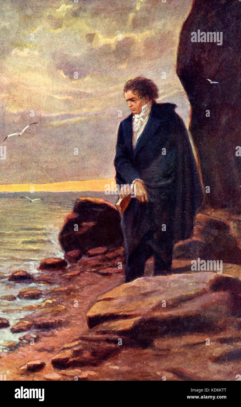 Ludwig van Beethoven on the seaside, with book. Pastoral. Sea landscape ...