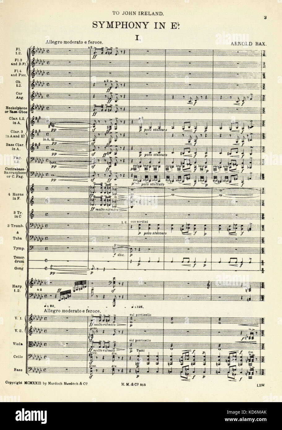 Arnold Bax - opening page of score for Symphony No 1 in E Flat. English ...