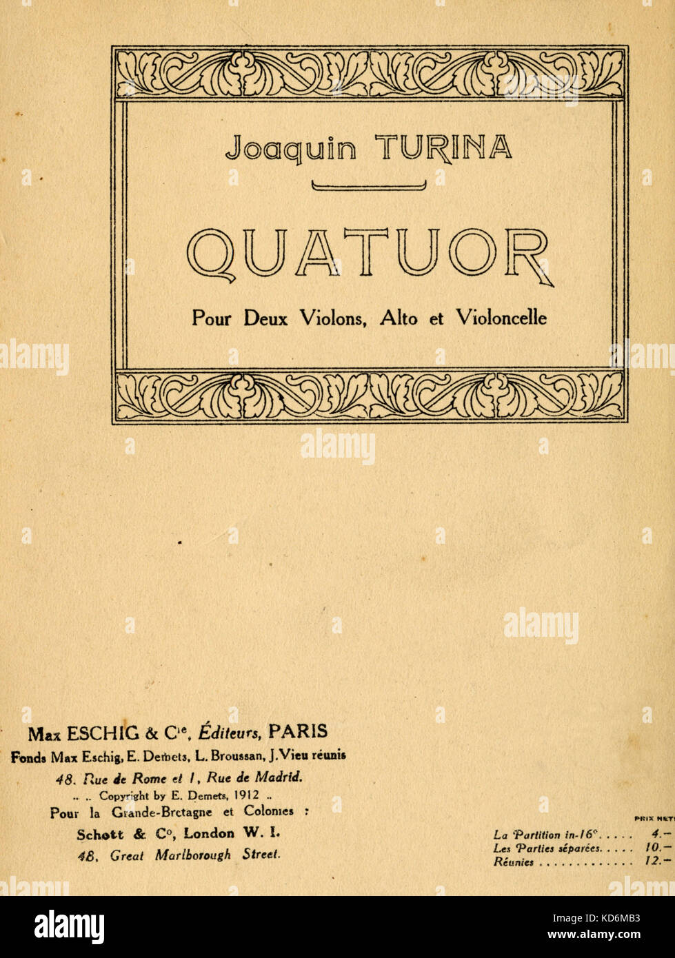 Joaquin Turina - title page of score for String Quartet. Spanish ...
