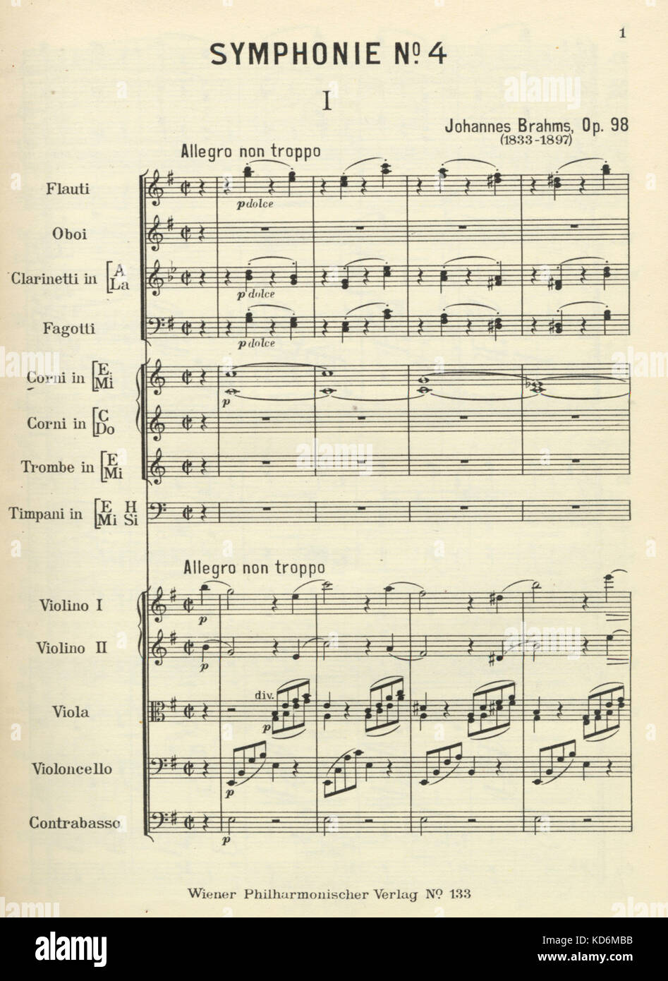 Johannes Brahms - opening page of score for Symphony No 4 in E Minor, Opus 98. German composer ...