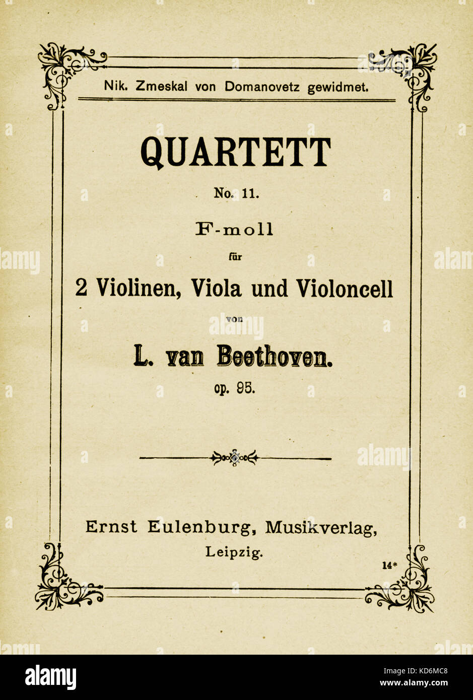 Ludwig van Beethoven - title page for String Quartet No. 11 in F minor 'Serioso', Opus 95 ...