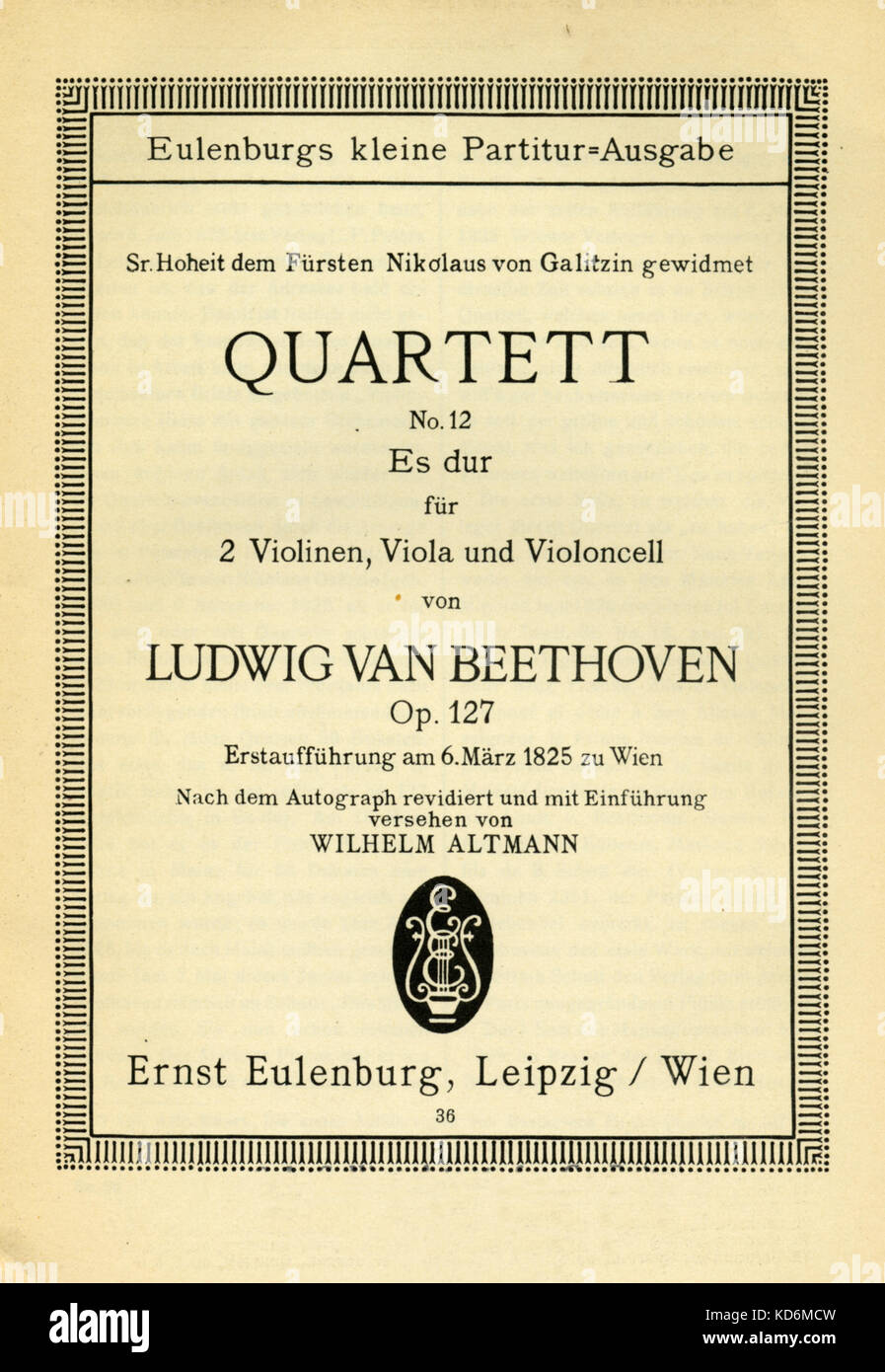Ludwig van Beethoven - title page of score for String Quartet No. 12 in E flat major, Opus 127 ...