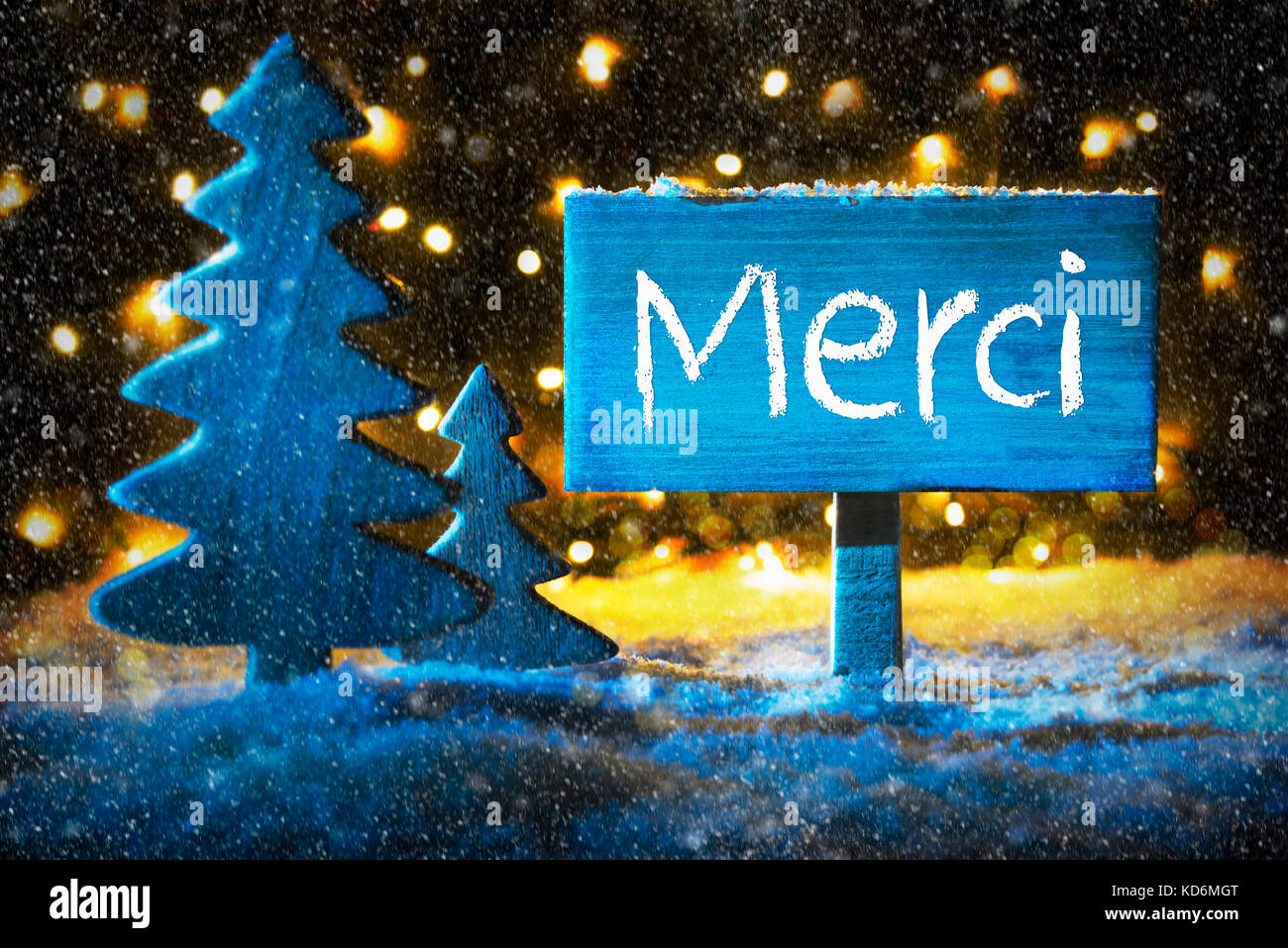 Sign With French Text Merci Means Thank You. Blue Christmas Tree With ...
