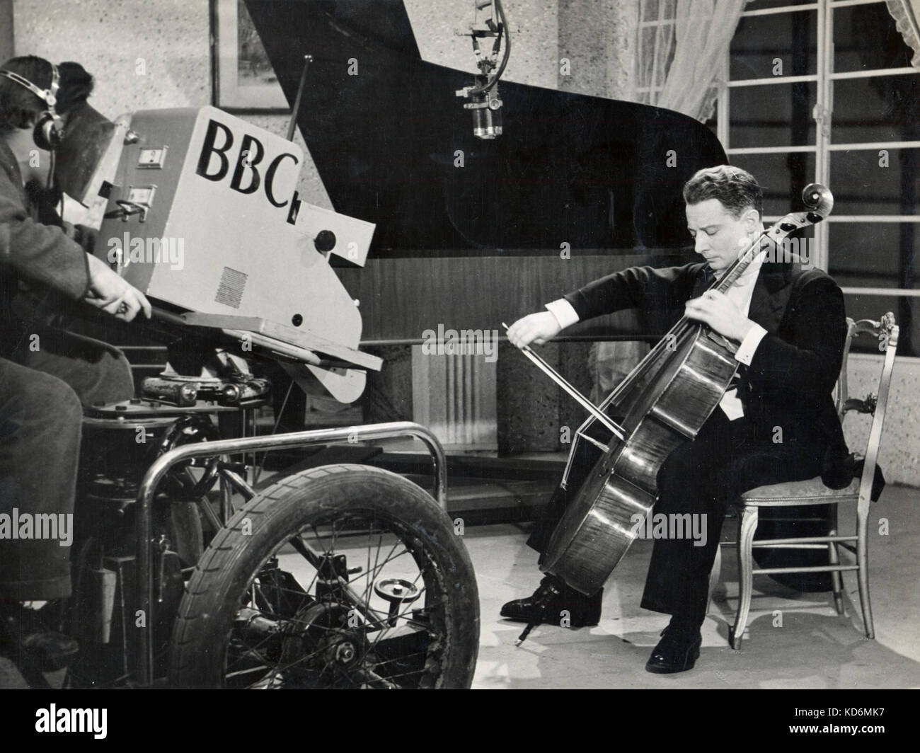 Pierre Fournier performing in front of BBC tv-camera, Alexandra Palace ...