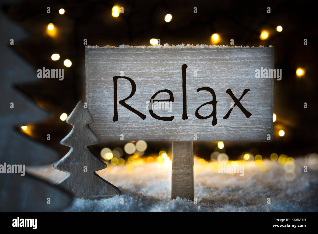 Sign With English Text Relax. White Christmas Tree With Snow And Magic ...