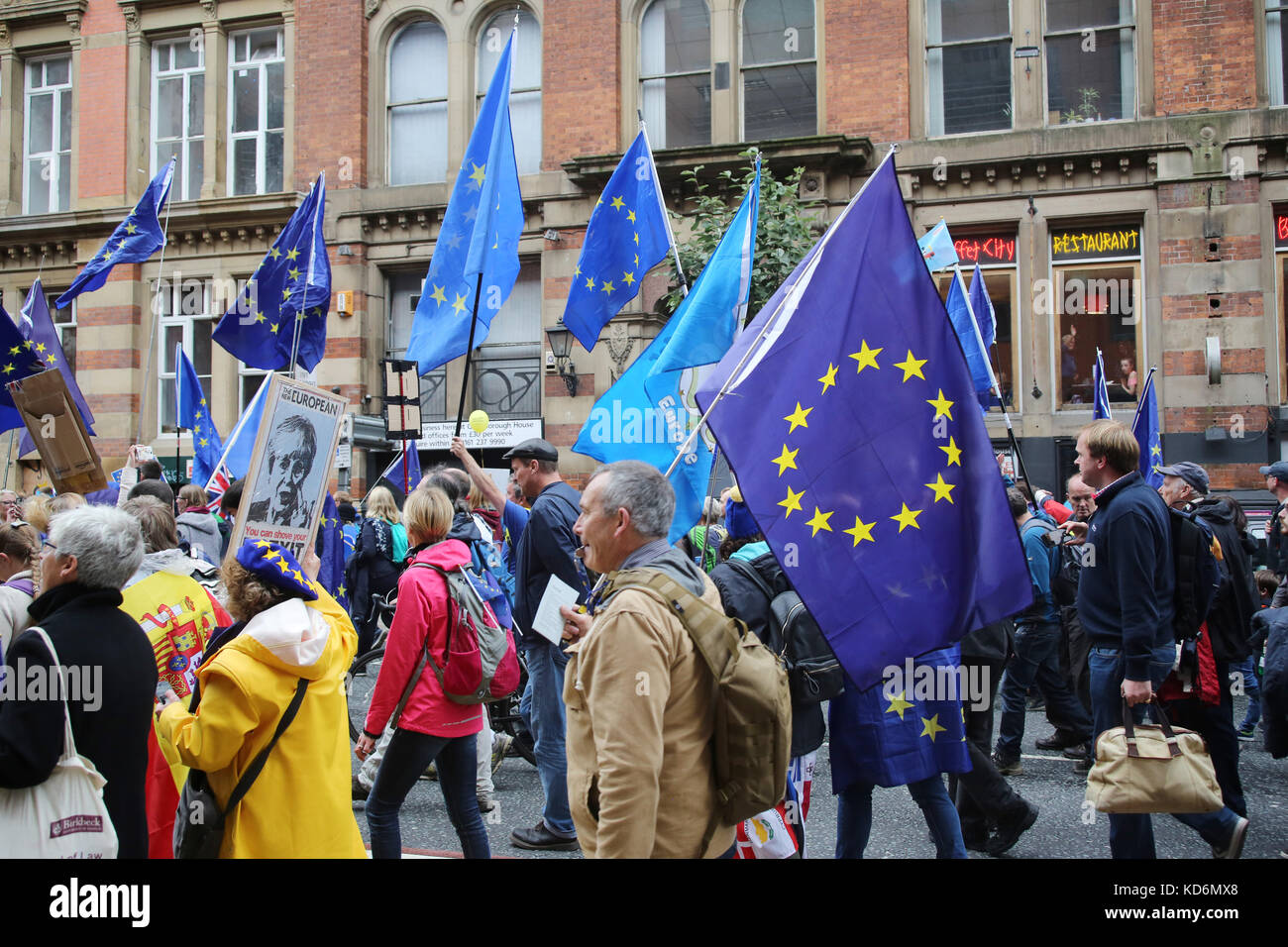 Crowd waving EU flags at Manchester #StopBrexit demo Stock Photo - Alamy