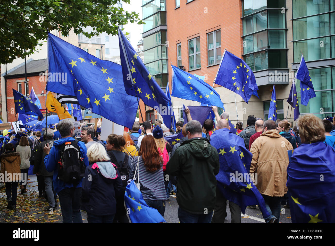 Crowd waving EU flags at Manchester #StopBrexit demo Stock Photo - Alamy