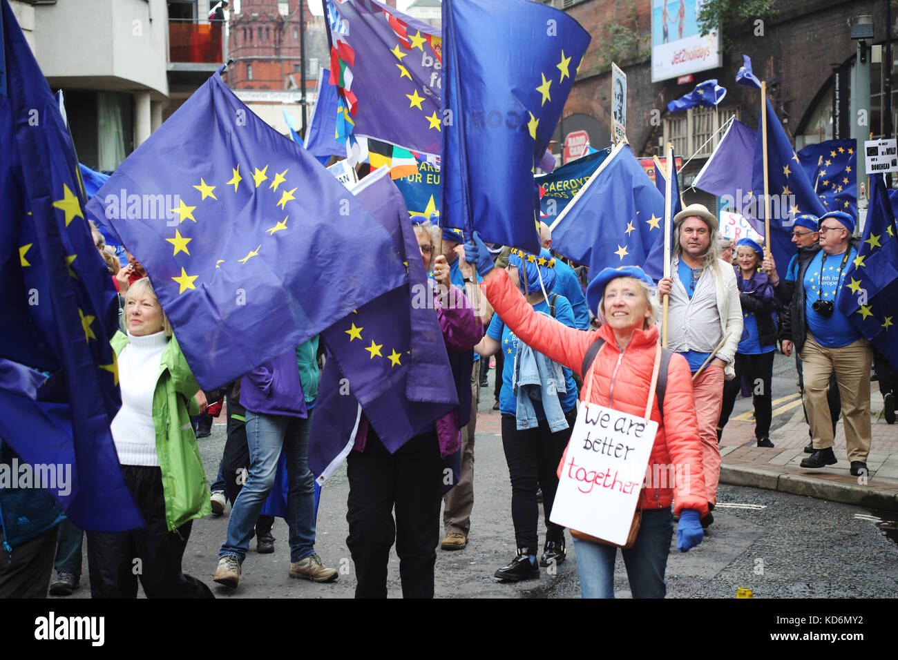 Crowd waving EU flags at Manchester #StopBrexit demo Stock Photo - Alamy