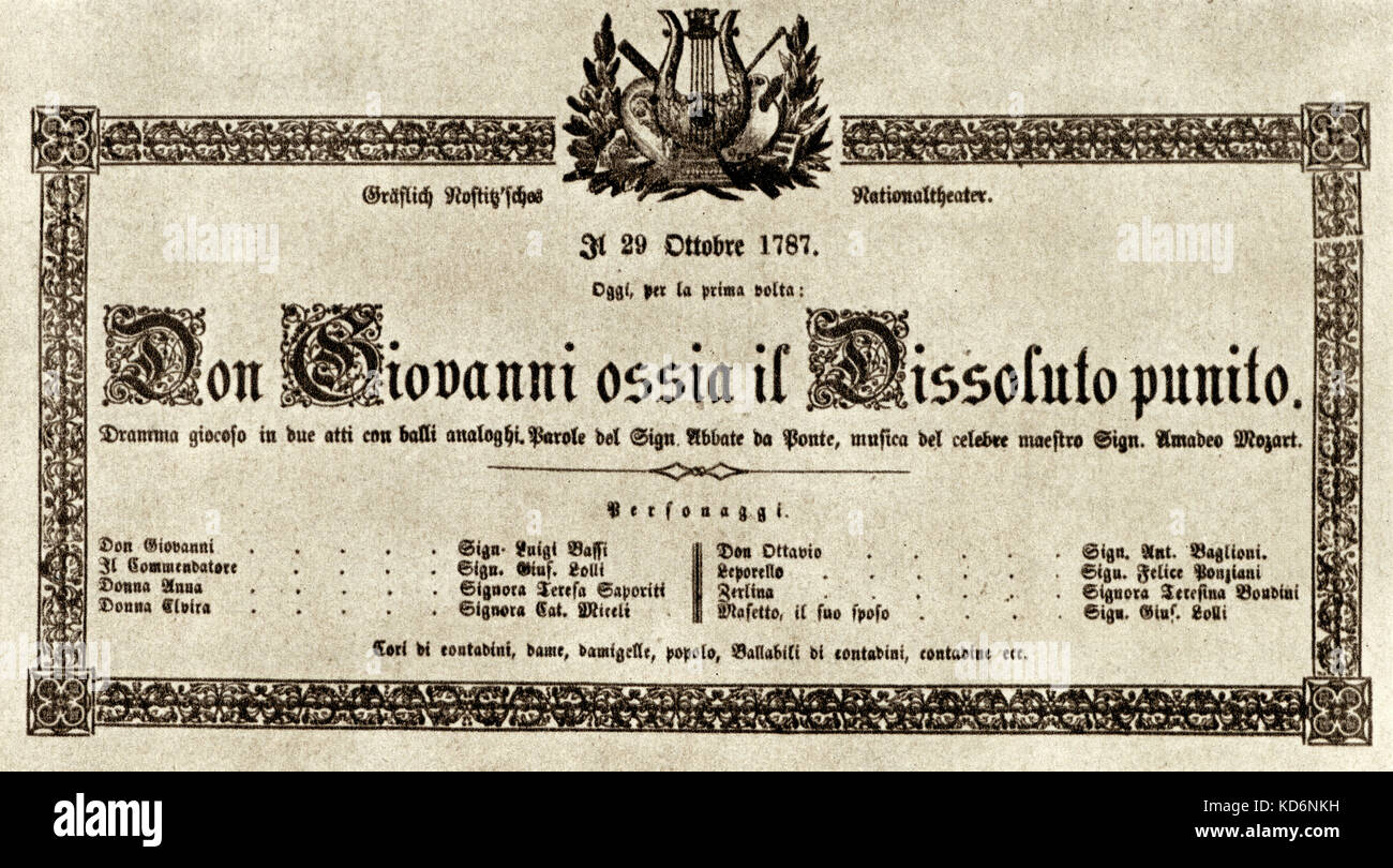 Playbill for premiere of Wolfgang Amadeus Mozart's opera Don Giovanni ...