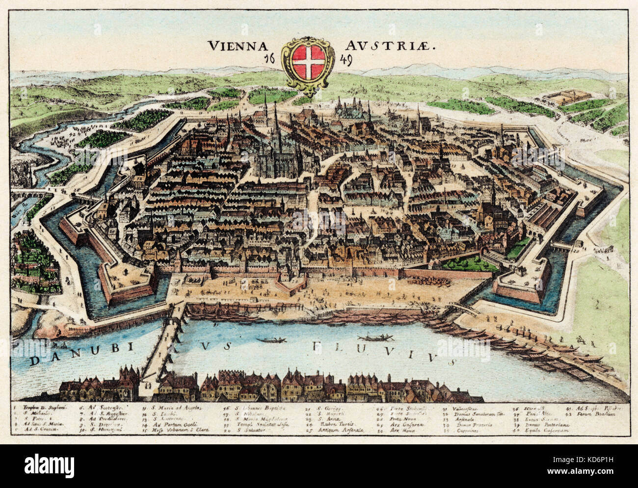Vienna - 1649 city map, overlooking river Donau / Danube Stock Photo ...