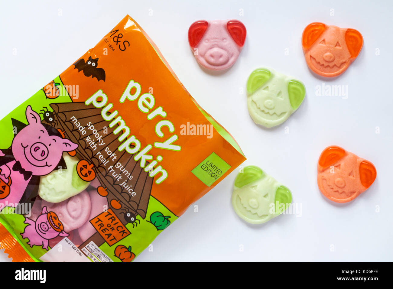 Open packet of M&S Percy pumpkin sweets spooky soft gums with real fruit juice ready for trick ...