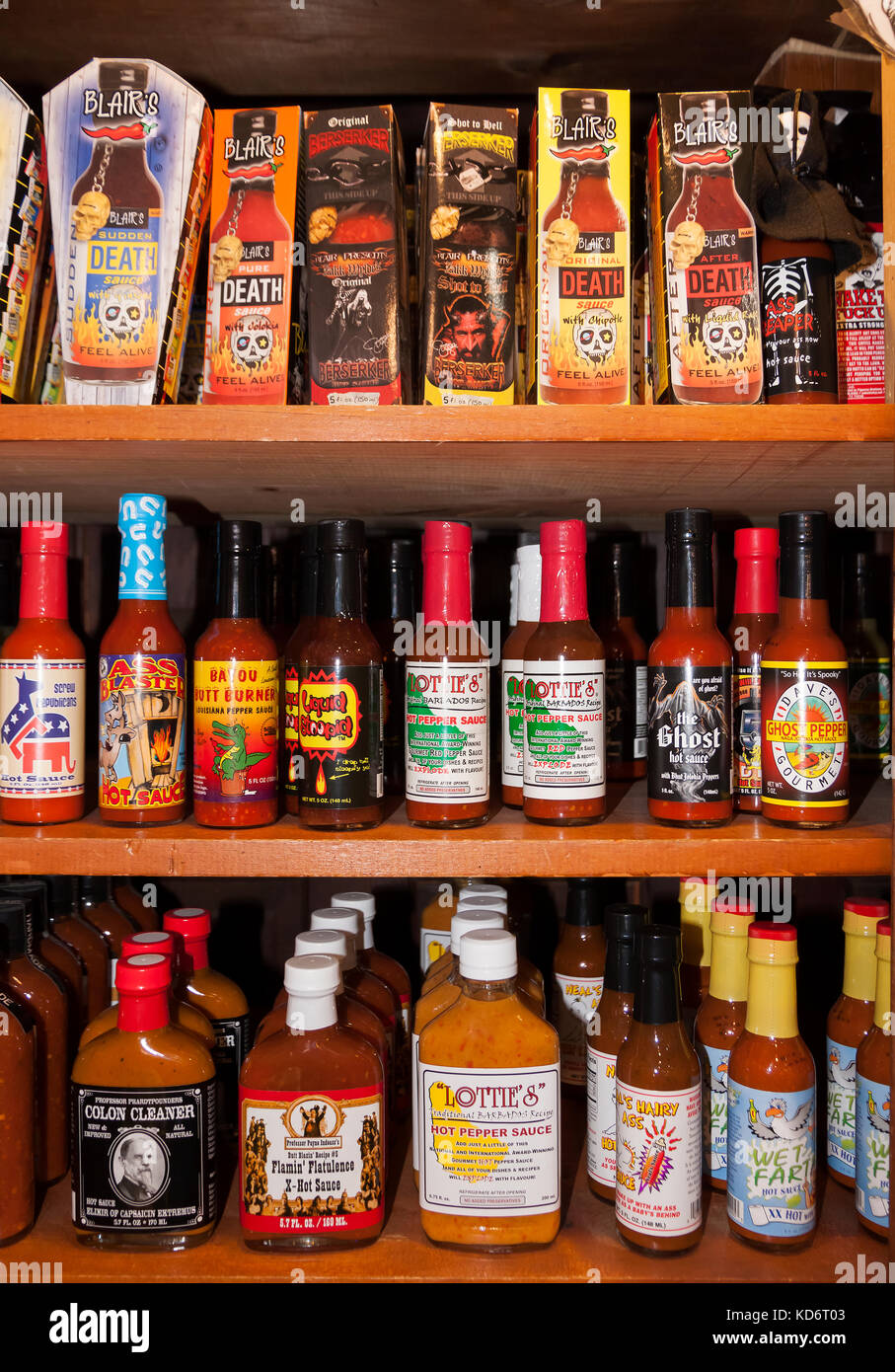 Hot sauces on a store shelf Stock Photo - Alamy