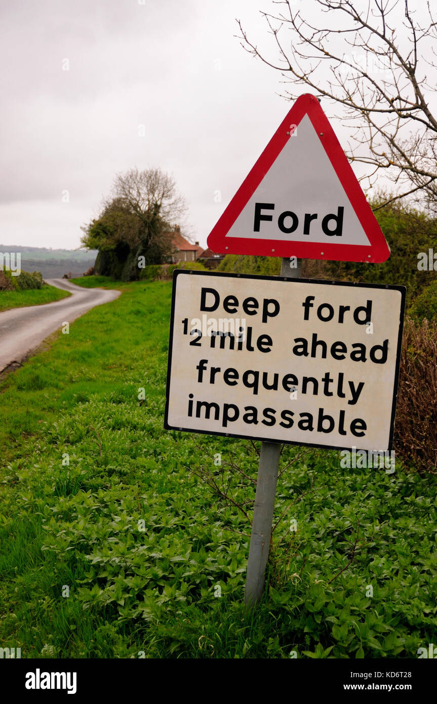 Sign warning about deep ford across the river Esk at Grosmont Stock ...