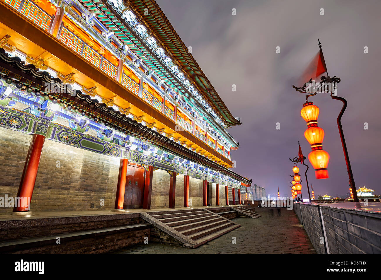 Wide angle lens picture of Xian City Wall at night. Xian was an ancient ...