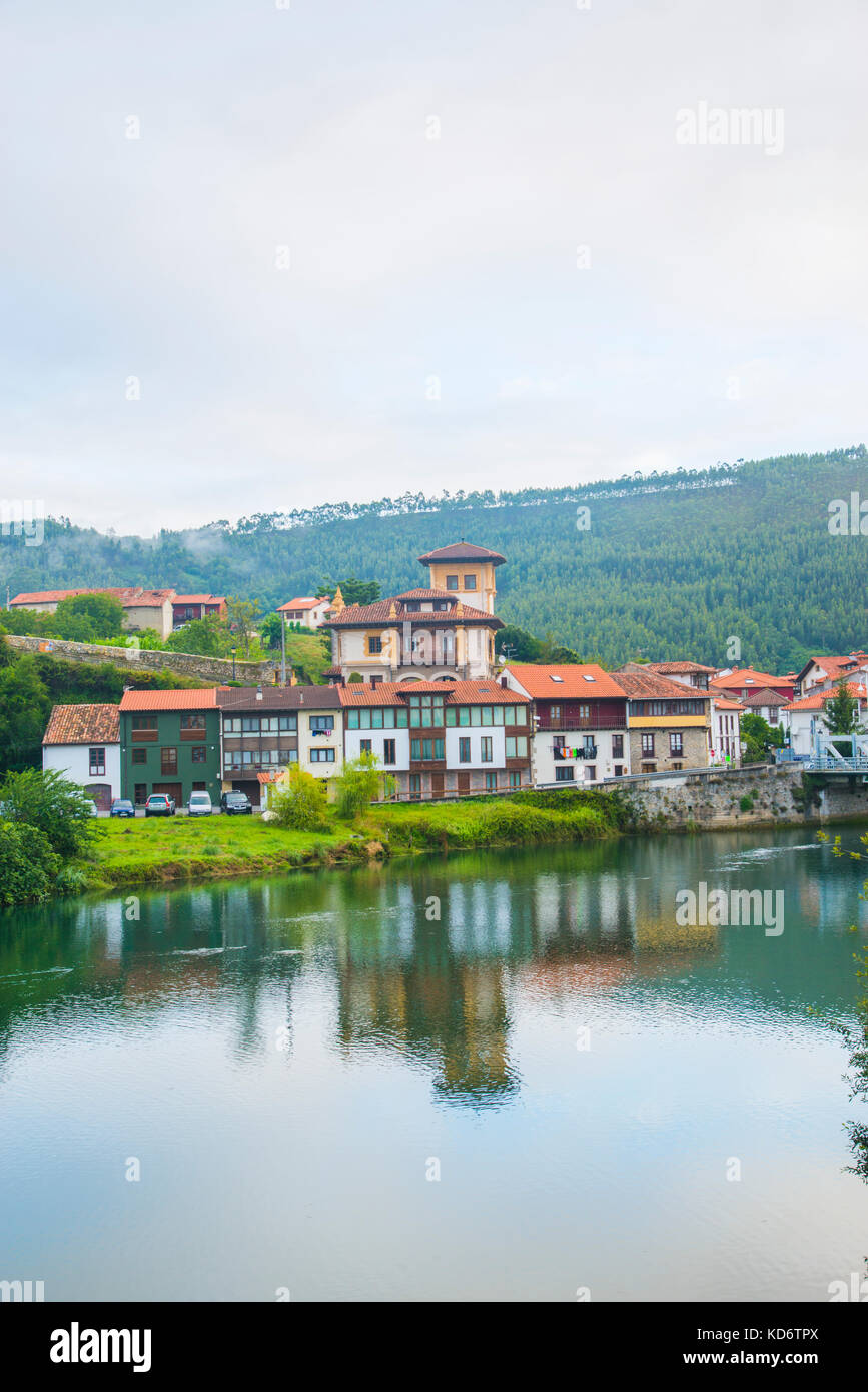 River Deva and view of the village. Bustio, Asturias, Spain Stock Photo ...