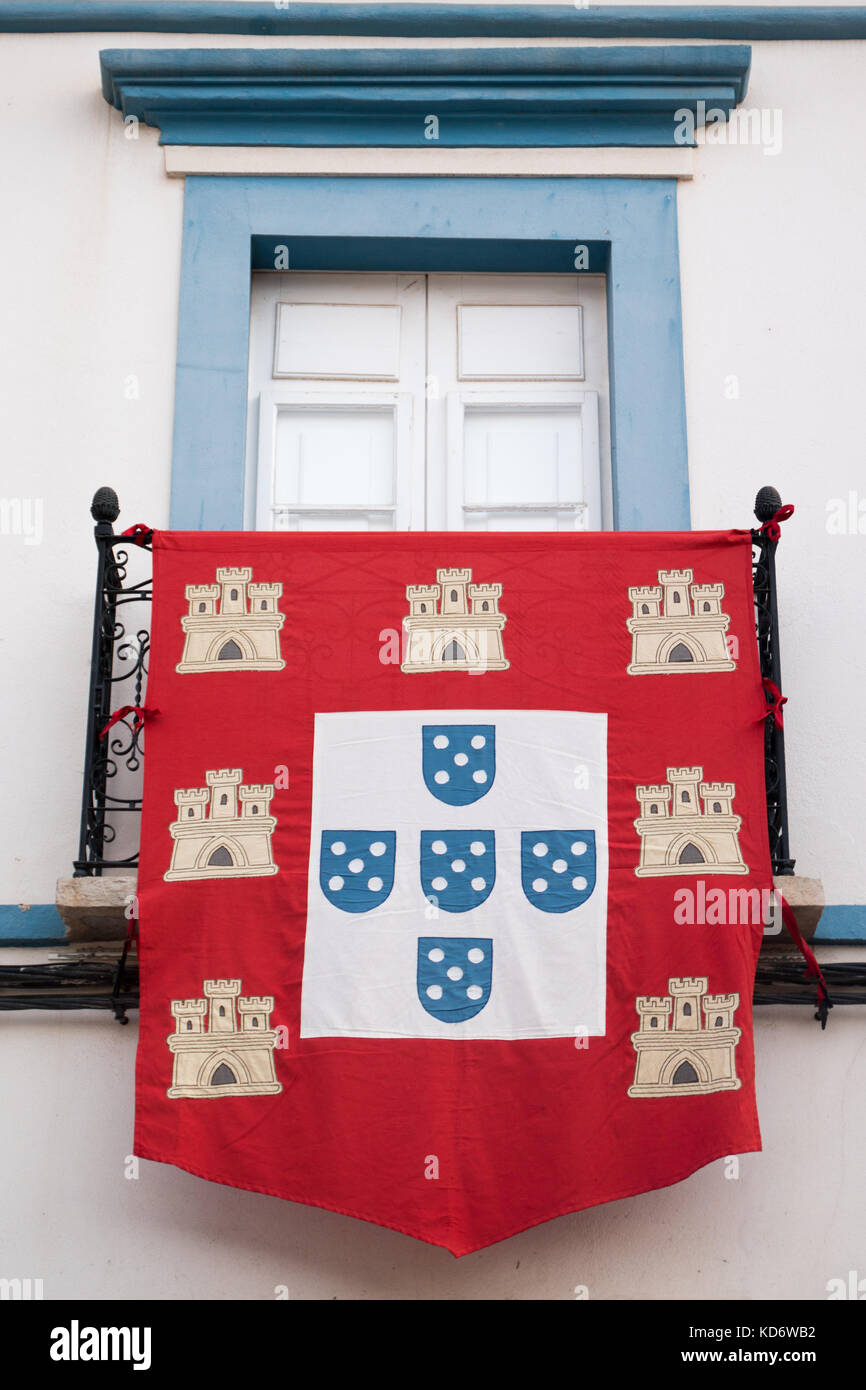 Old Medieval Portuguese flag on a Medieval fair in Castro Marim ...