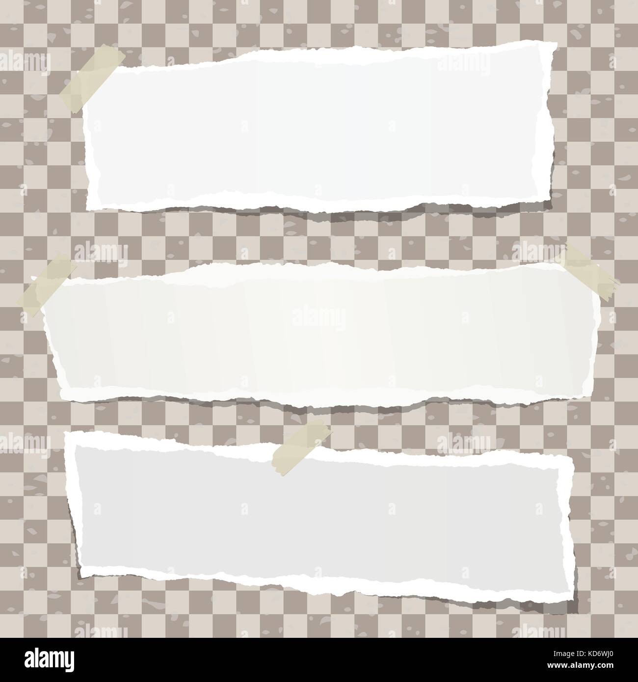 Ripped note, notebook paper strips stuck on spotted brown squared ...