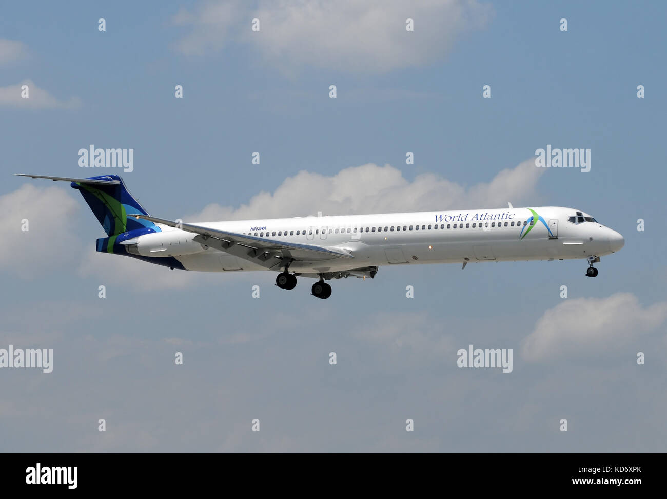 Miami, USA - April 8, 2011: World Atlantic passenger jet landing. This ...