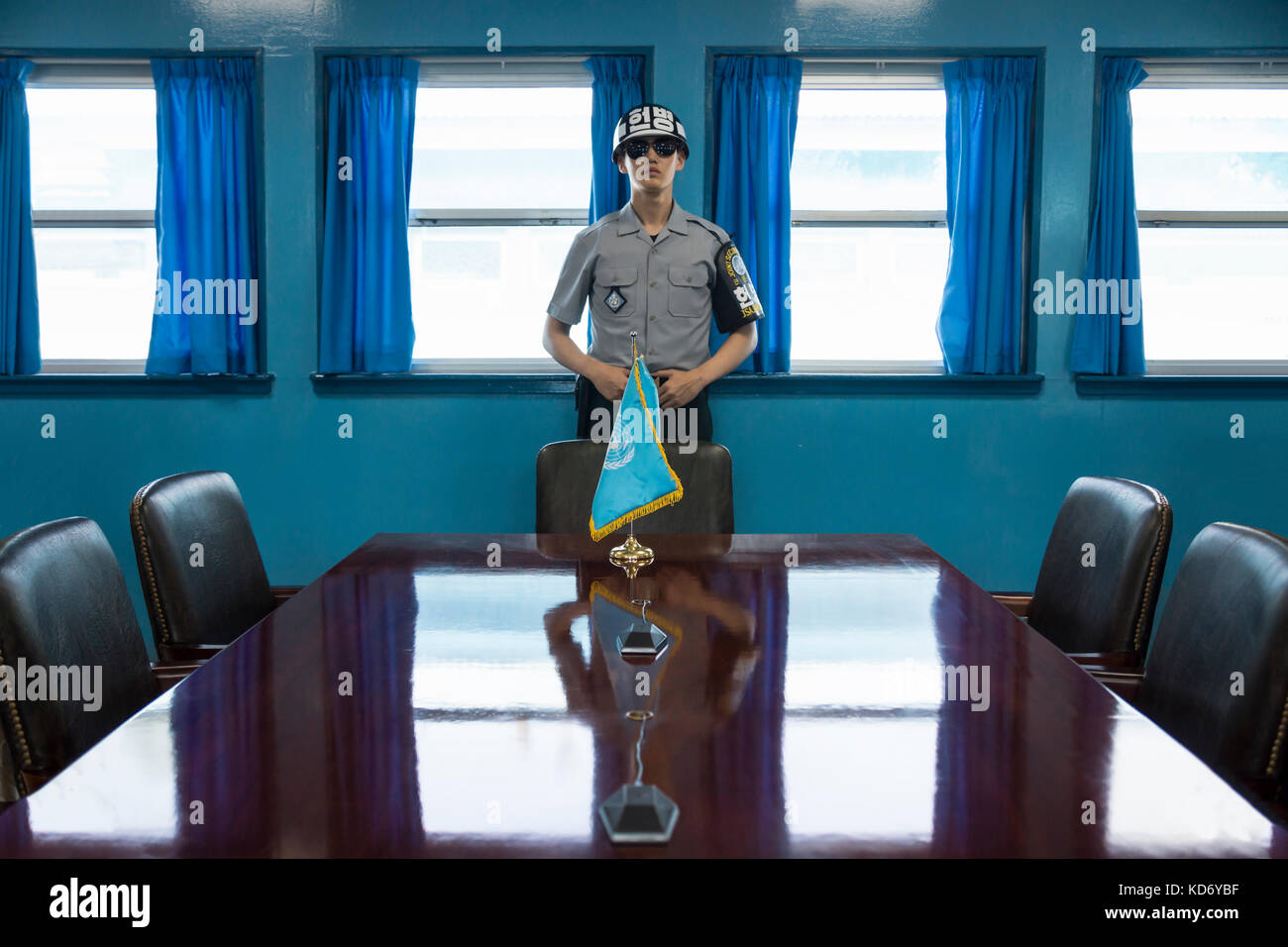 JSA within DMZ, Korea - September 8 2017: UN soldier at table with UN ...