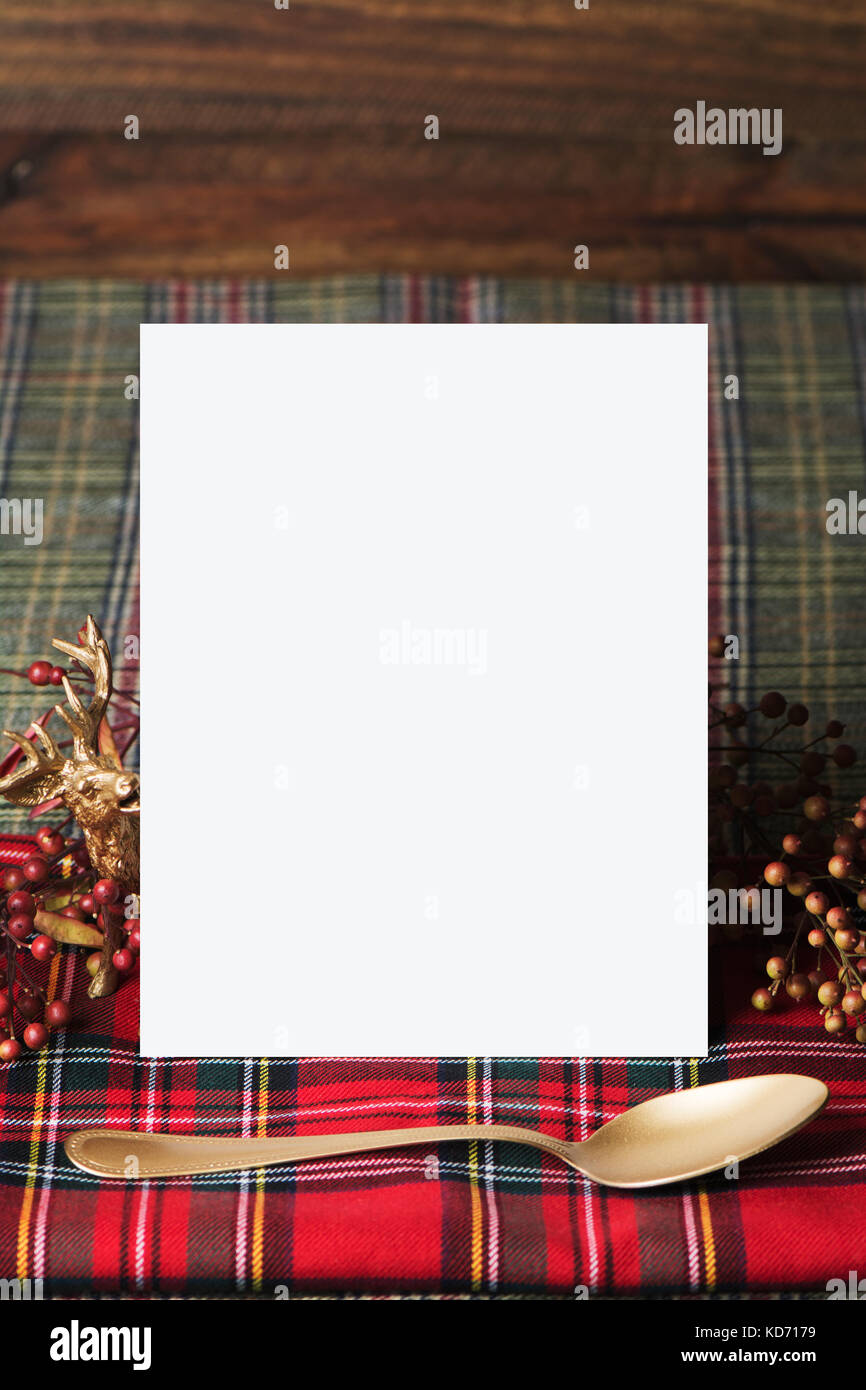 Christmas empty vertical menu, on fabric red checkered Stock Photo - Alamy