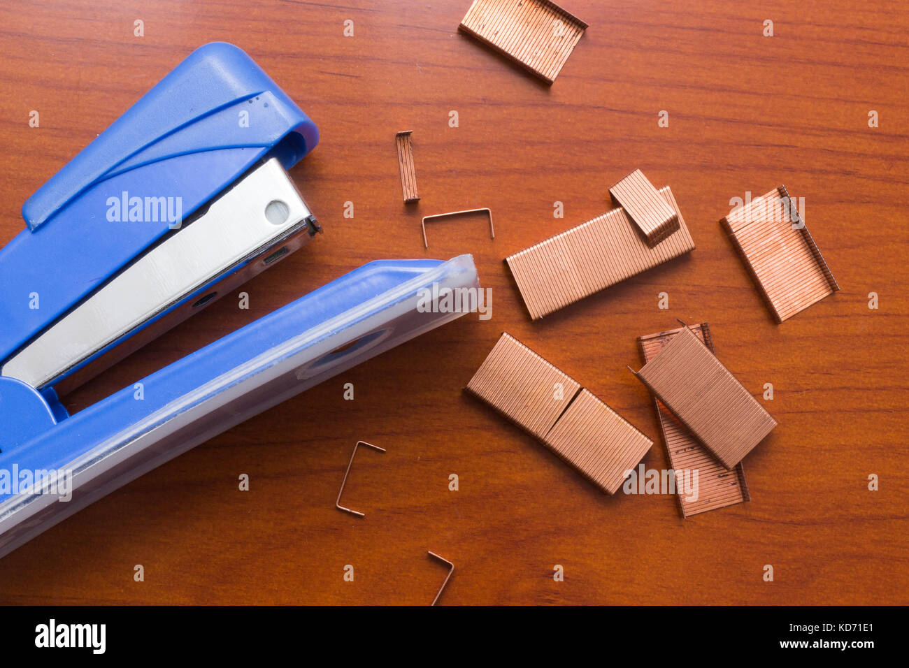 Blue stapler and piles of copper office staples on wooden office ...