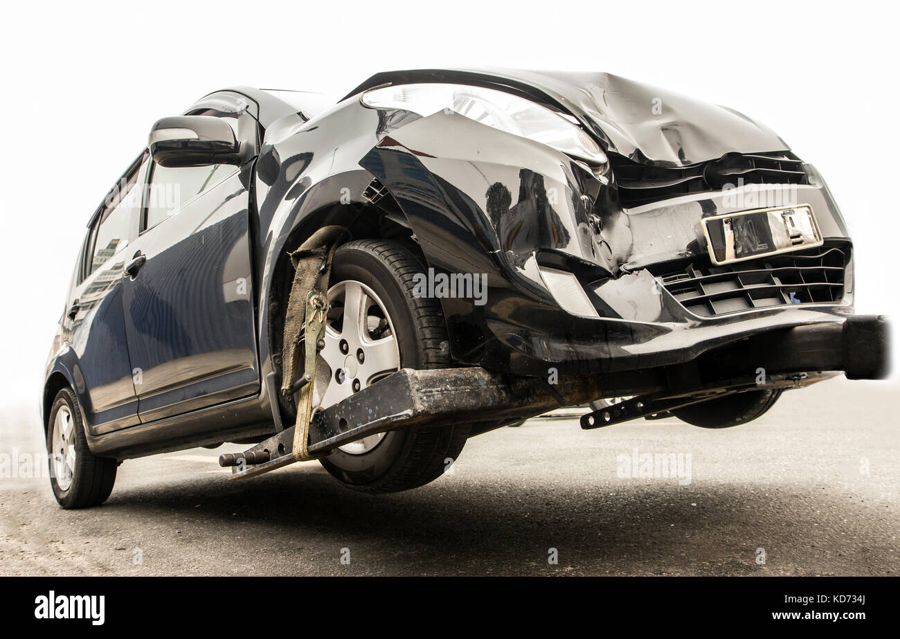 Rescue vehicle service on street to pull crash car. The towing vehicle ...