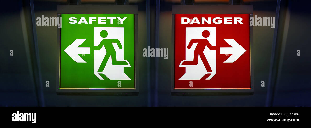 The signpost shows two path directions. Choice of way, green safety and ...