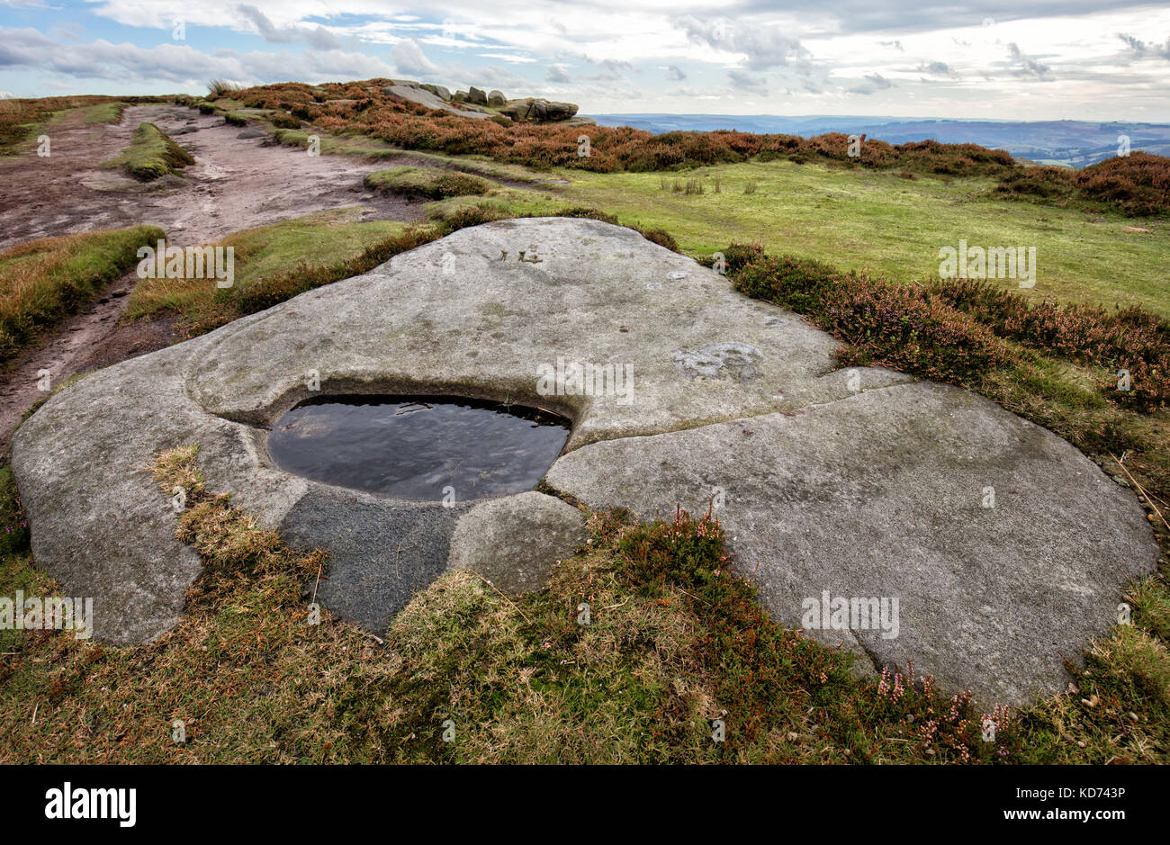 Numbered carved rock basin 14 on Stanage Edge near Hathersage in the ...